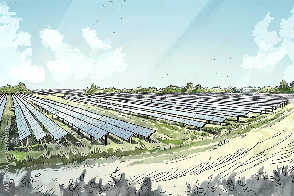 Solar panels at solar power plant. Solar farm sketch drawing design. Ai ...