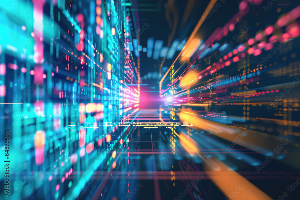 Dynamic abstract background with vibrant digital data streams, colorful light trails, and ...