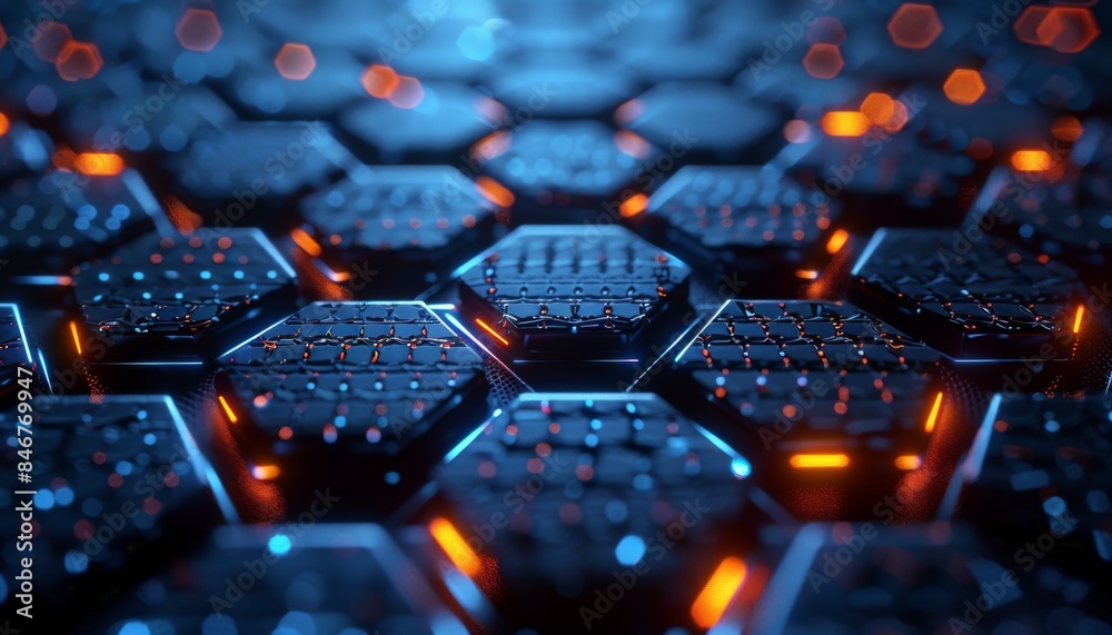 Geometric hi-tech patterns with interconnected hexagons and glowing elements, forming a ...