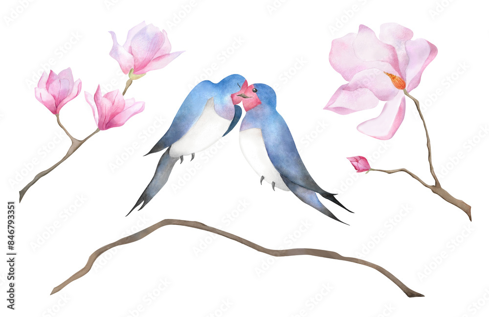 Watercolor kissing swallows couple Pink magnolia branches Floral ...