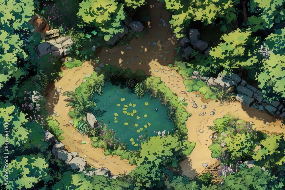 DnD Battlemap Tranquil Oasis: A serene outdoor battle map with a water ...