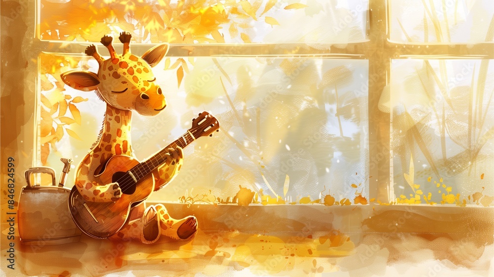 Cartoon illustration of a giraffe sitting and playing music background ...