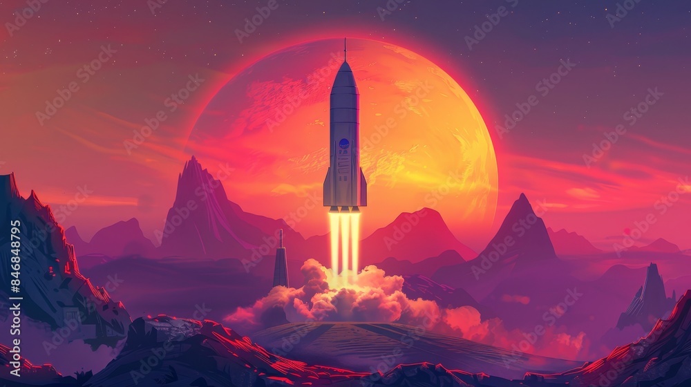 Triumphant rocket launch at sunset for crewed space exploration mission ...
