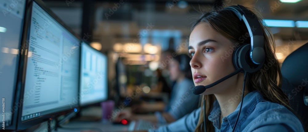 Professional call center environment with a female agent multitasking ...
