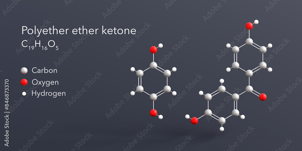 polyether ether ketone molecule 3d rendering, flat molecular structure with chemical formula and ...