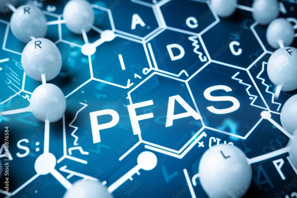 PFAS sign on a chemical structure molecule in laboratory, safety and ...