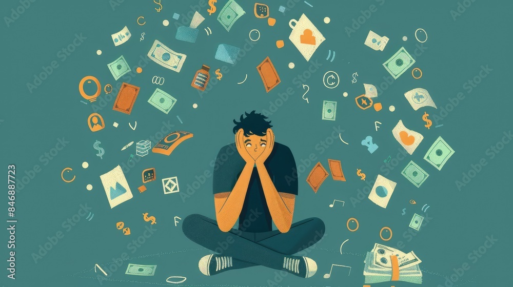 Sad vector character of a man, contemplating financial woes and ...