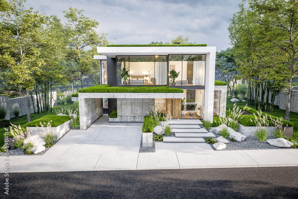 3d rendering of flat roof house with parking and pool for sale or rent ...