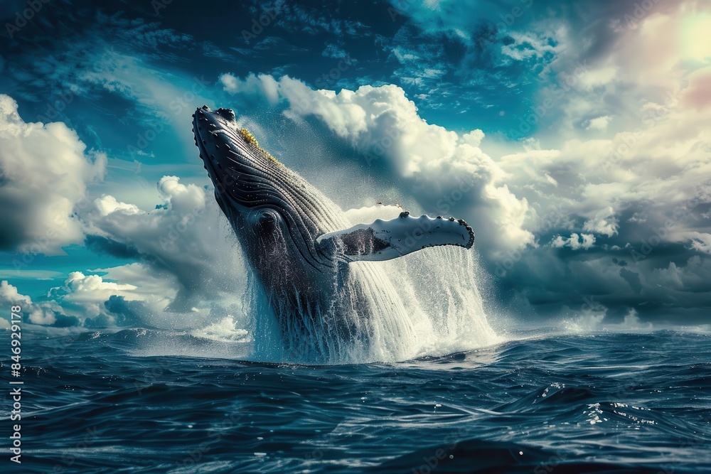 majestic humpback whale breaching ocean surface with dramatic splash ...