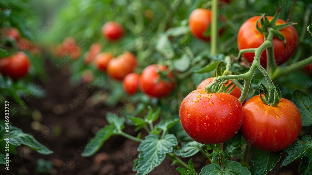 Outdoor scene of a tomato field with rows of tomato plants bearing ripe ...