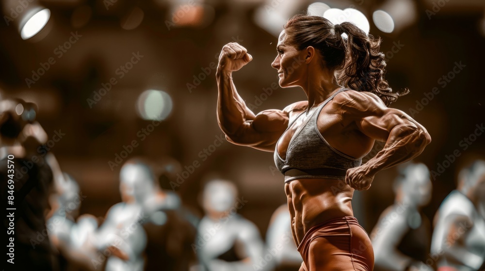 A female bodybuilder flexes her bicep muscle on stage at a fitness ...