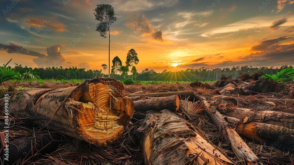 Felled tree against the sunset Cutting trees at forests area Stacks of ...