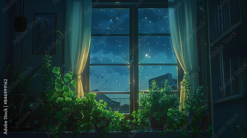 Window Inside a cozy room, a window reveals a night sky landscape ...