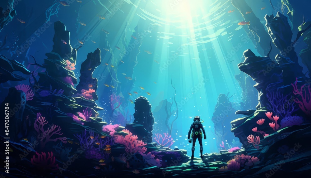 Scuba diver photographing marine life, flat design, side view ...