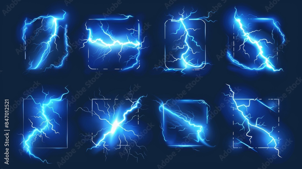 Electric blue lightning frames with thunderbolt effect, isolated photo ...
