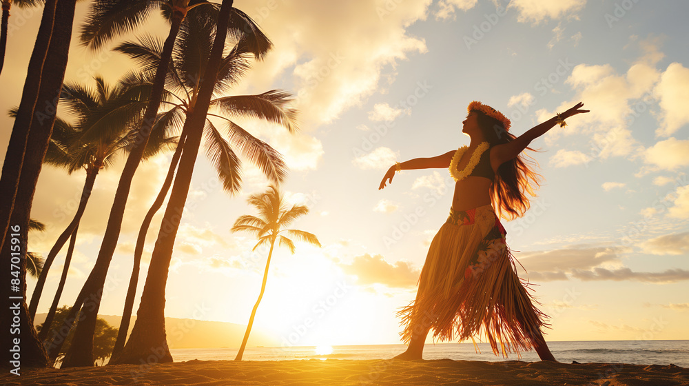 Hawaiian hula dancer performing at sunset on a beach with palm trees ...