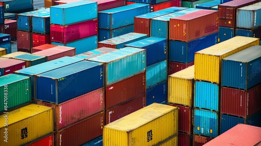 A colorful array of shipping containers stacked high in a port ...