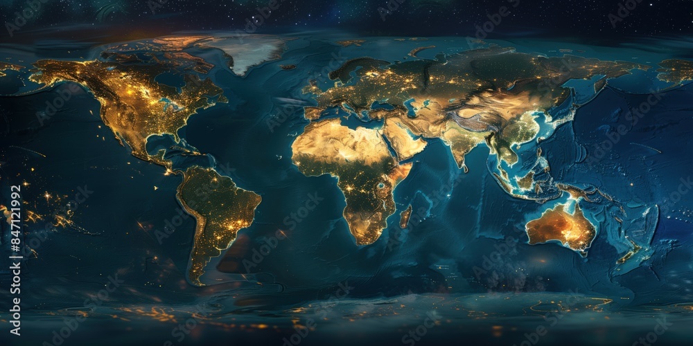 World map displaying illuminated urban areas and continents at night ...