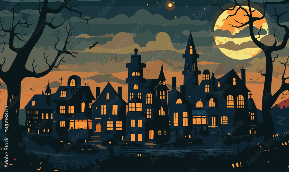 Spooky Halloween town haunted houses silhouetted against orange moonlit ...