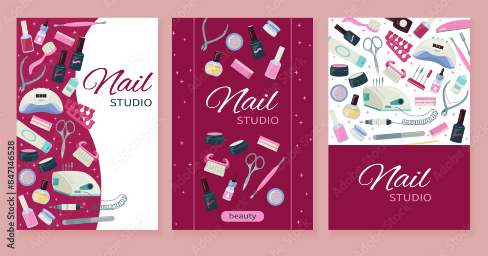 Beautiful set of nails card, flyer, certificate, banner. Frame with ...