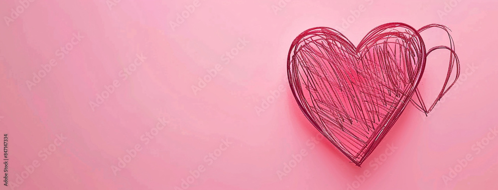 wide panoramic background cover photo of a red color heart line sketch ...