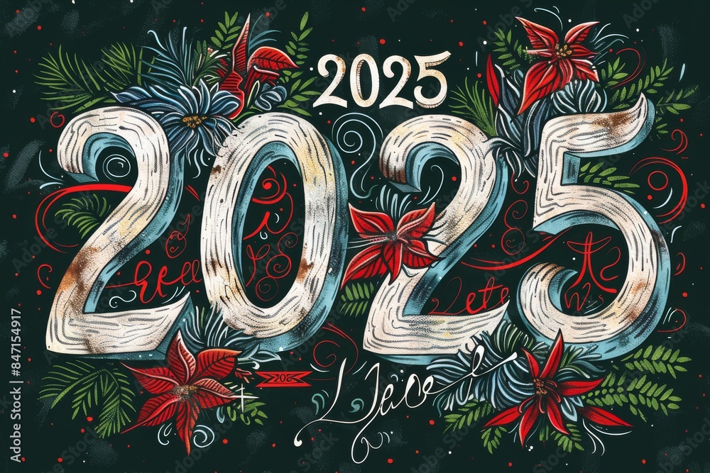 Vintage 2025 drawing, tattoo sketch Hand Drawn Numbers, New Year 2025 ...