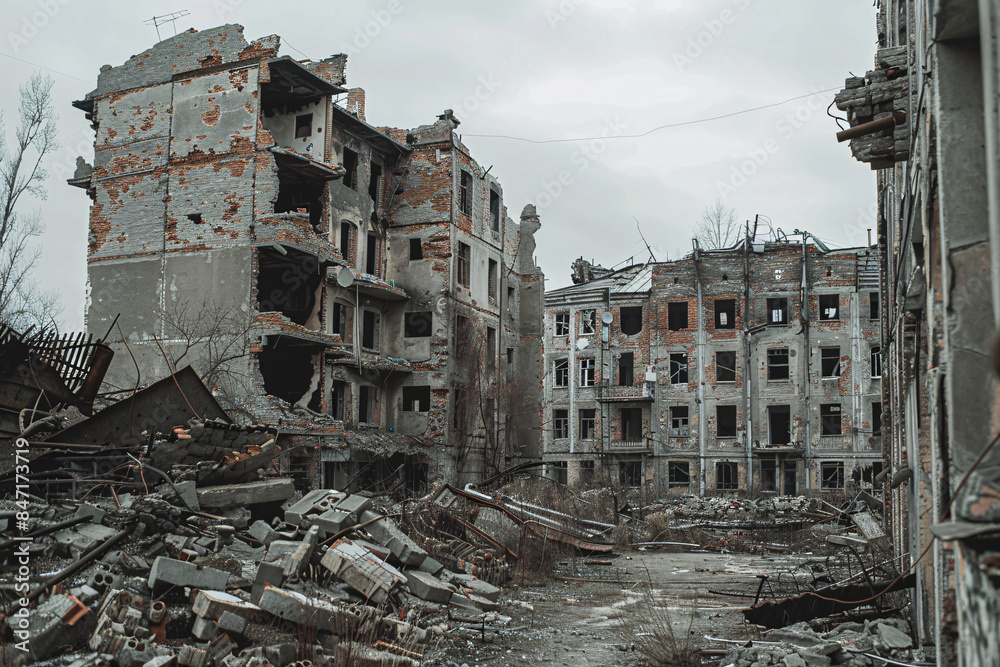 desolate scene of abandoned and destroyed buildings in a war-torn area ...
