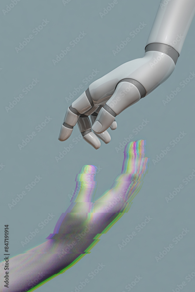 Human hand meets ai robot hand against blue background Stock Photo ...