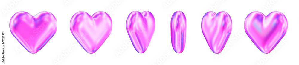 3d set of holographic heart with different angles. Romantic emoji, neon ...