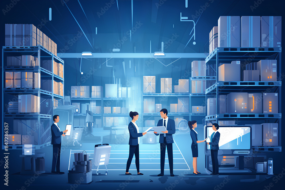 Warehouse teamwork, tablets and people for storage, inventory and ...