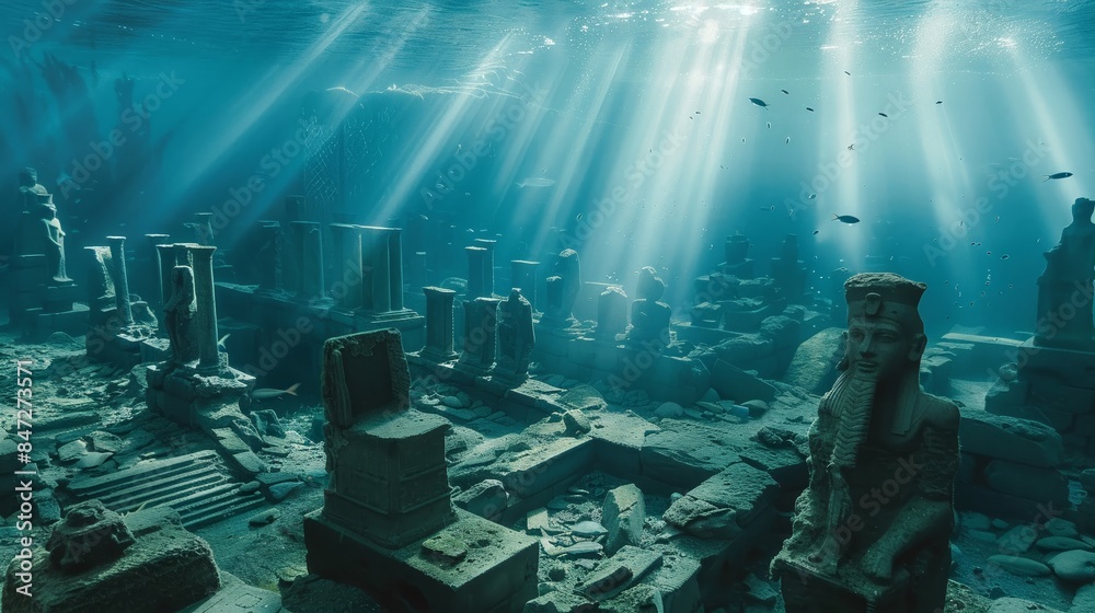 Underwater ruins of an ancient civilization, crumbling statues, marine ...