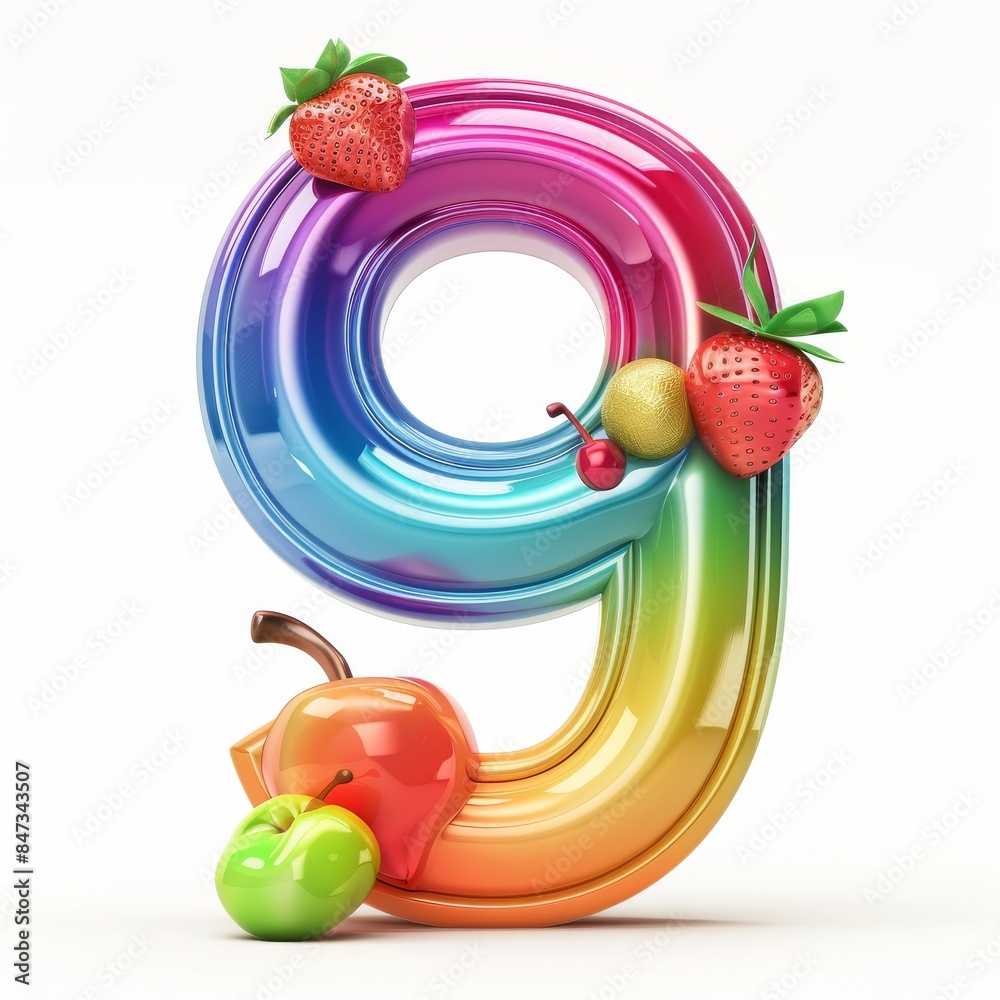 Typography of the number 9 crafted from fresh fruit. Fruits and ...