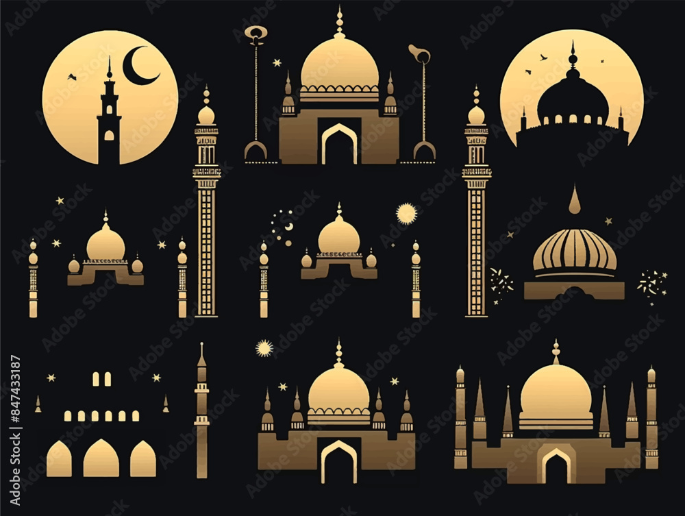 Arabic architecture silhouette. Mosque roof, islamic cityscape panorama ...