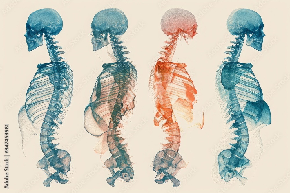 Composite X-ray image showing the human spine and skeleton in multiple ...