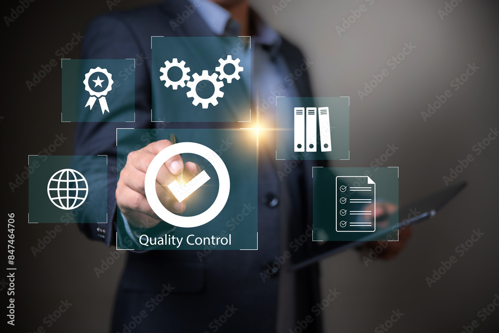 Product Quality control concept, Mnn using laptop with check mark ...
