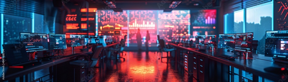 A modern cyberpunk office with an open floor plan and neon lights ...