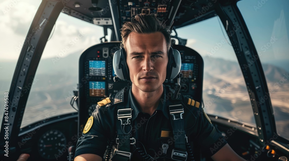 The picture of the professional pilot is piloting an airplane with ...