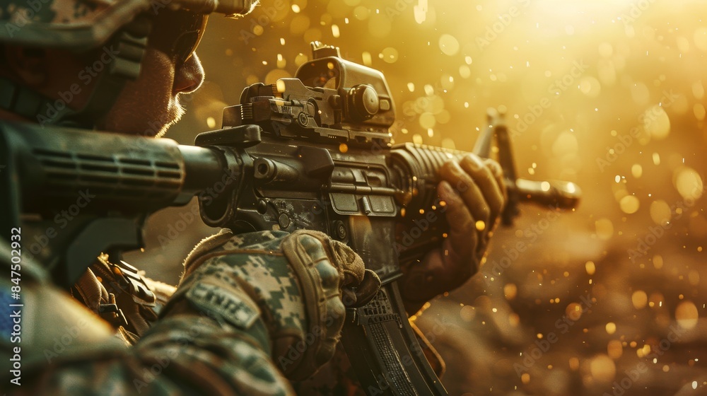 Soldier aiming assault rifle in combat gear with sparks flying around ...