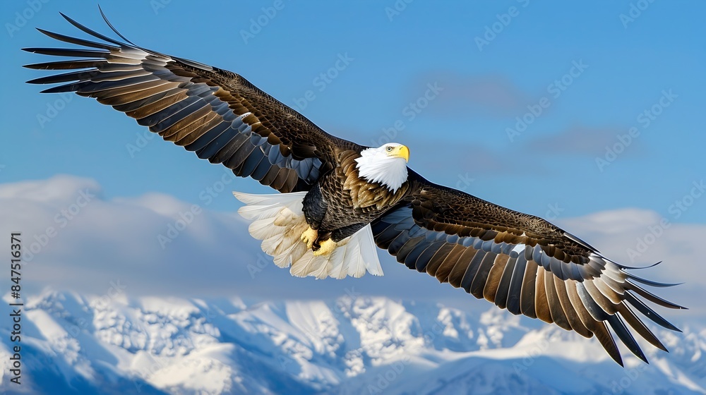 Magnificent Bald Eagle Soaring Elegantly Across Blue Sky Backdrop Stock ...