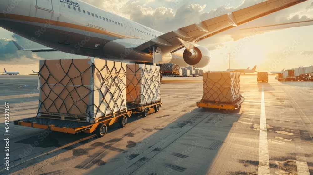 Air cargo logistic containers are loading to an airplane. Air transport ...