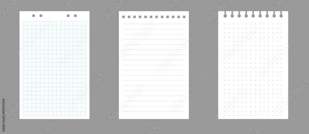Set of notebook sheets isolated on gray background. Realistic white blanks of checkered, lined ...
