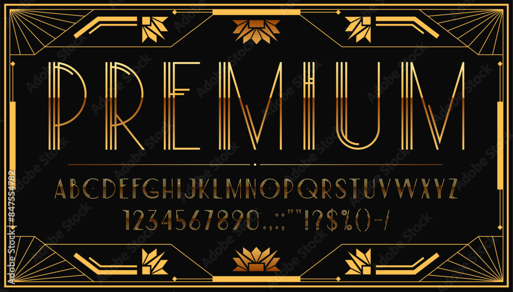 Art deco font type or golden 1920s elegant typeface and vintage ...