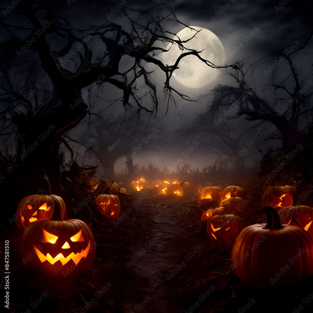 Eerie haunted pumpkin patch at night, glowing carved faces, thick fog ...
