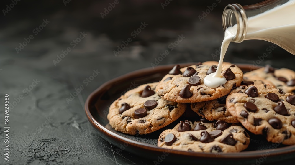 Milk pouring from glass bottle onto chocolate chip cookies, forming a ...
