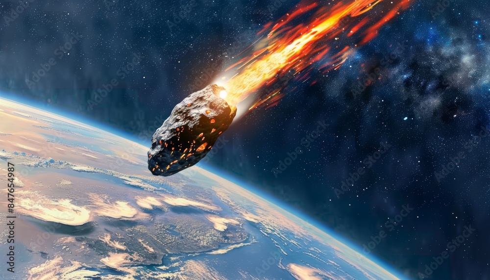 Apocalyptic poster depicting a meteor colliding with earth in a ...