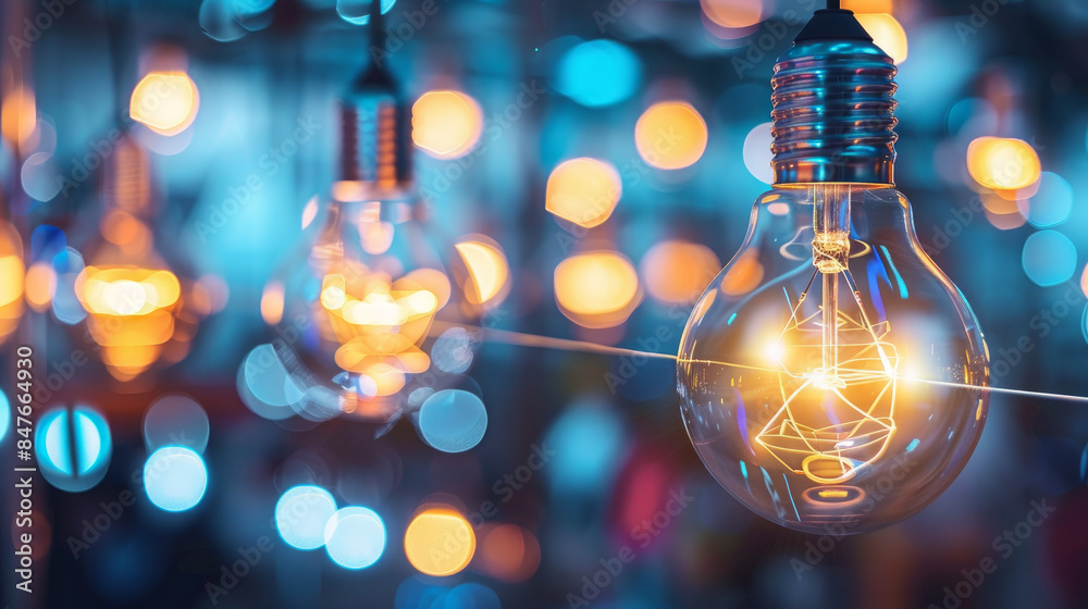 Light bulbs linked with lines show how ideas can spread and connect ...