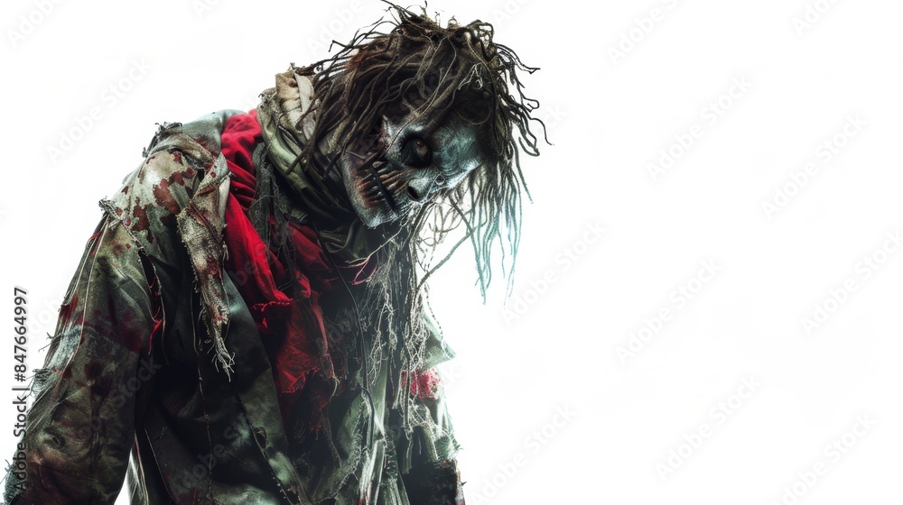undead person in a tattered costume isolated on white background ...
