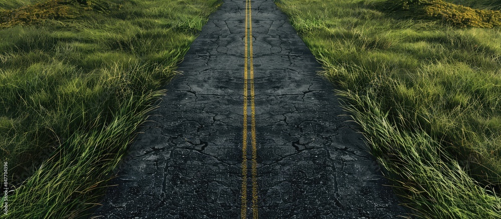 Desolate two-lane road split by grass strip with contrasting directions ...