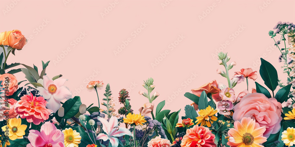 Elegant flowers and leaves create a panoramic design on a peachy pink ...