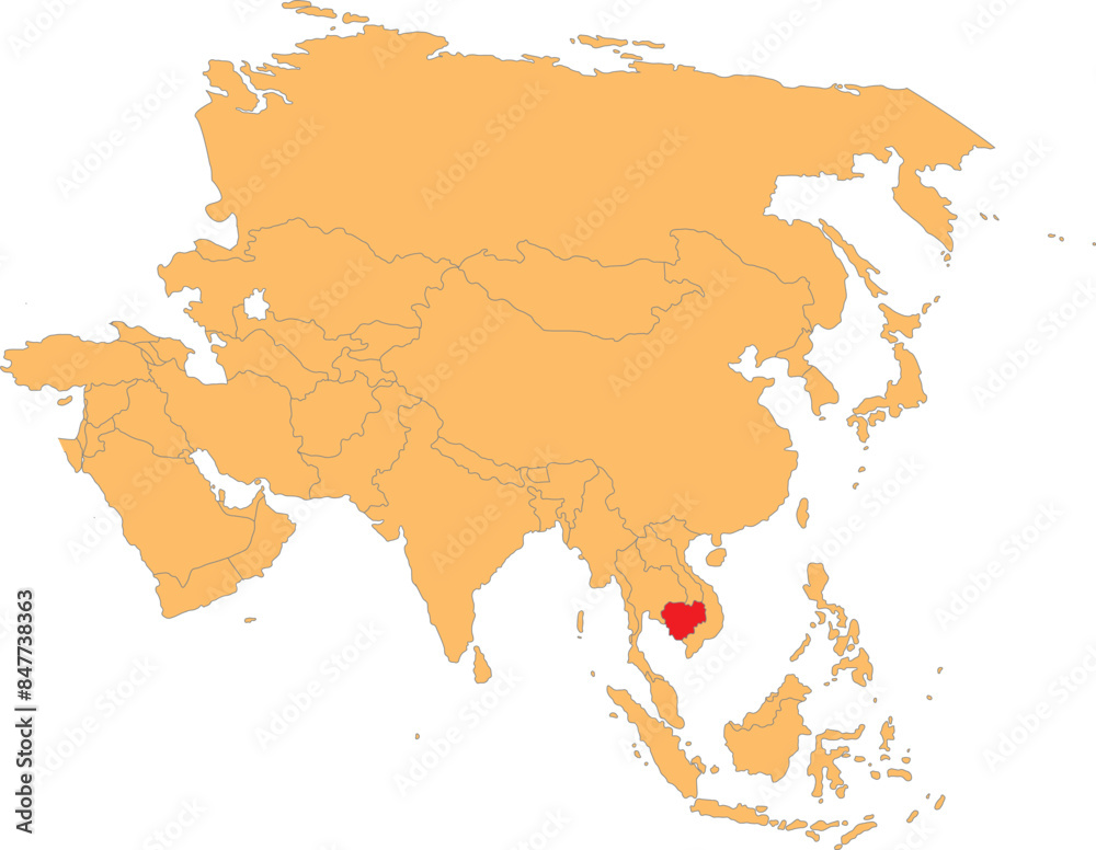Highlighted red map of CAMBODIA inside orange detailed political map of ...